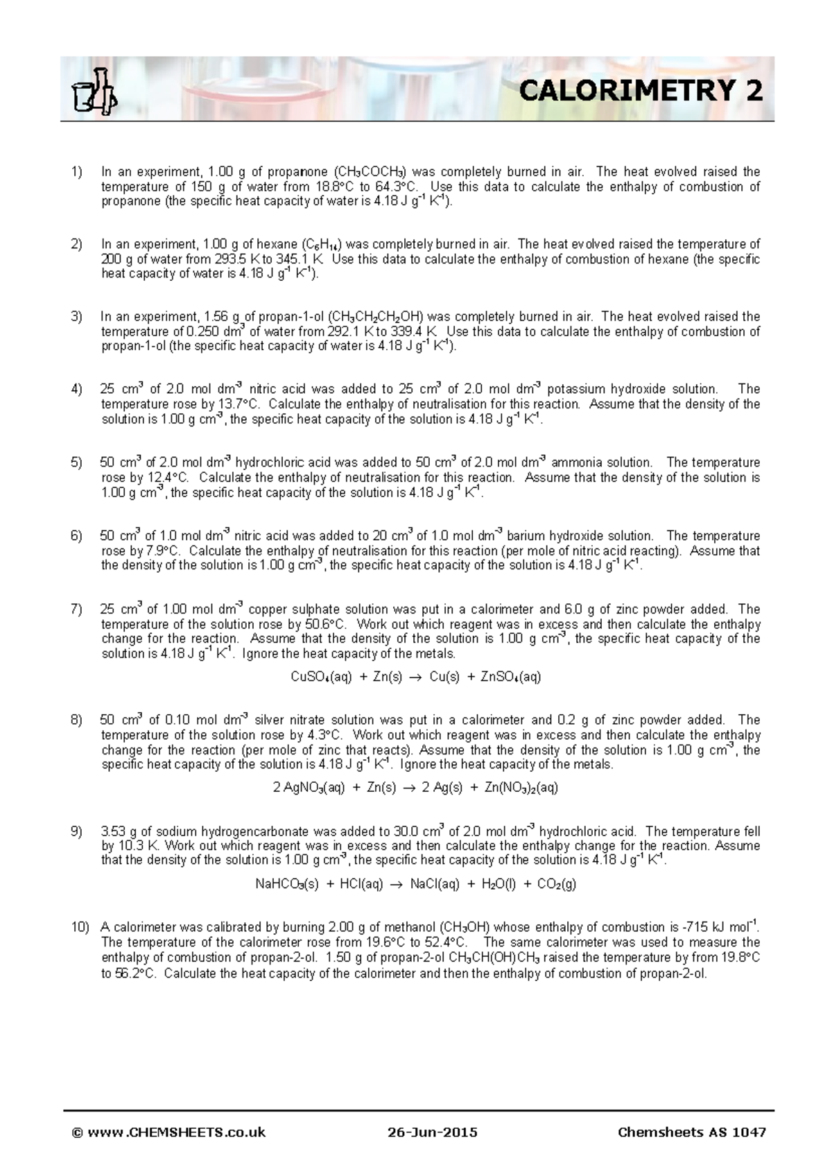 Calorimetry Experiments: Enthalpy Calculations (CHEMSHEETS AS 1047 ...