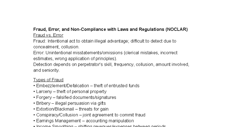 Topic 1 Reviewer: Fraud, Error, and NOCLAR Analysis - Studocu