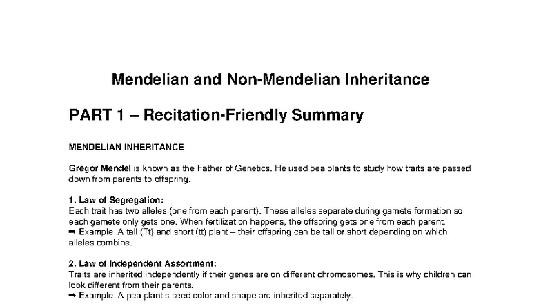 Mendelian & Non-Mendelian Inheritance Summary (Genetics 101) - Studocu