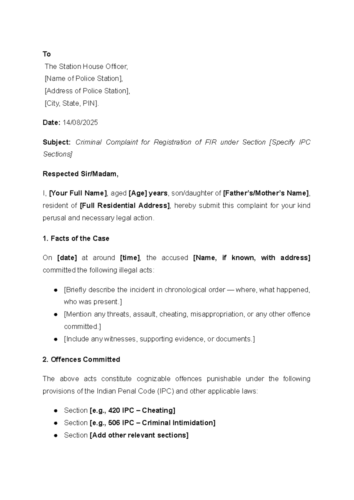 Complaint to SHO - Drafting FIR under IPC Sections - Studocu