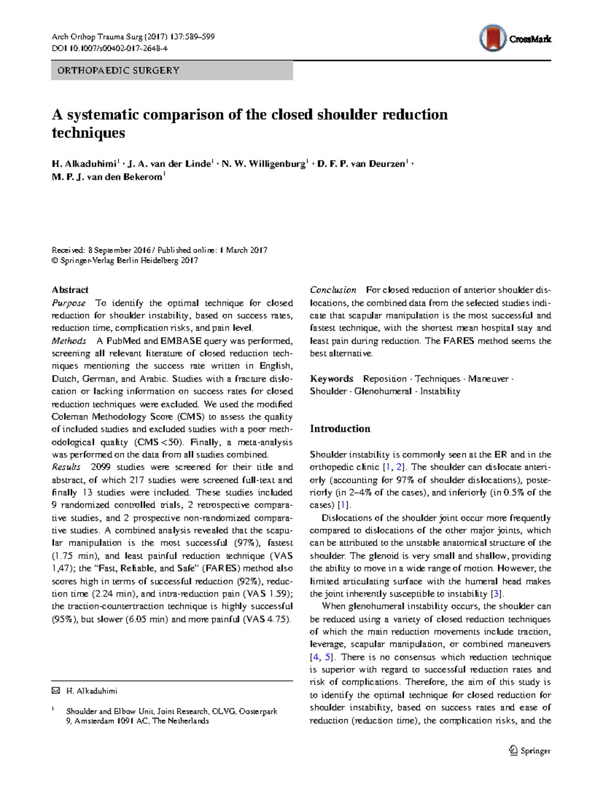SYST REV: Techniques of Closed Reduction for Shoulder Dislocations ...