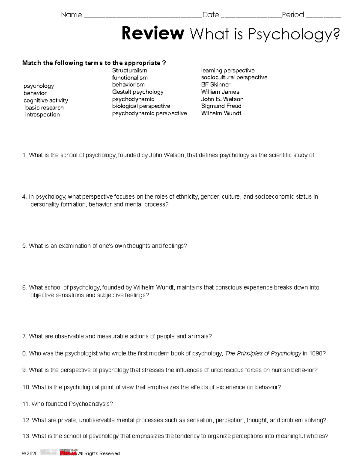 PSY 101: Psychology Review Sheet - Key Concepts & Perspectives - Studocu