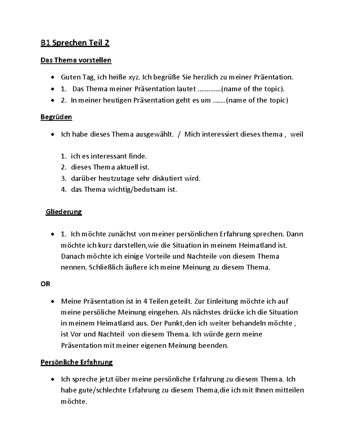 B1 Sprechen Teil 2 & Schreiben Teil: Goethe Präsentation Notizen - Studocu