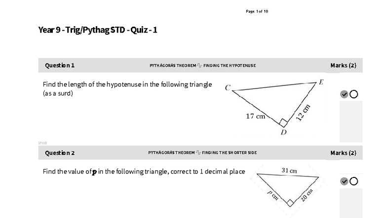 Year 9 STD Quiz: Pythagorean Theorem Questions and Problems - Studocu