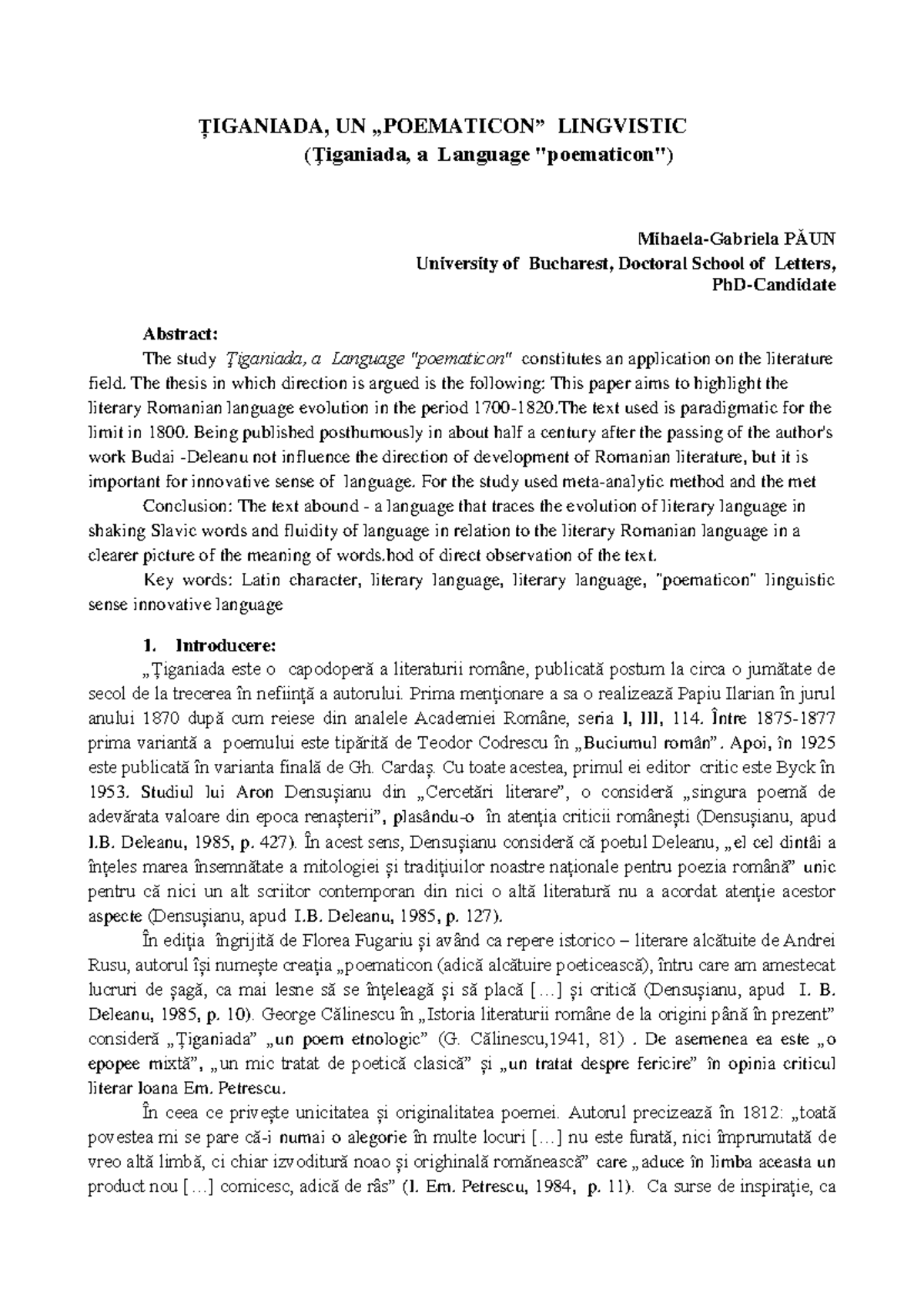 ȚIGANIADA: O Analiză Lingvistică a Operei lui Budai Deleanu - Studocu