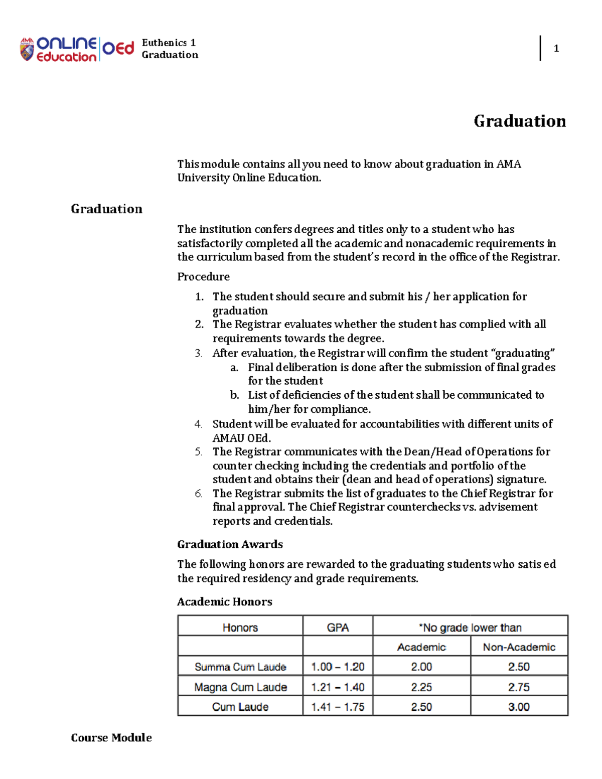 Week 9 - Lesson 7 - Graduation - Euthenics 1 Graduation 1 Course Module ...