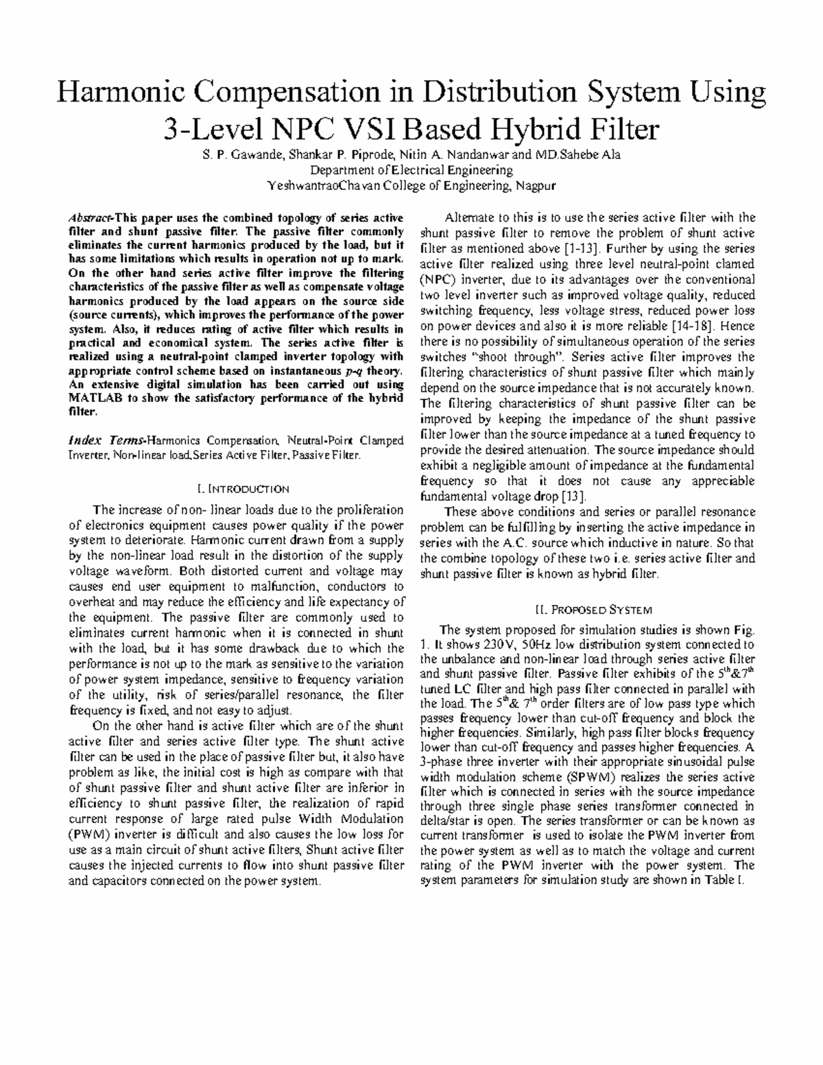 Harmonic Compensation in Distribution Systems: NPC VSI Hybrid Filter ...