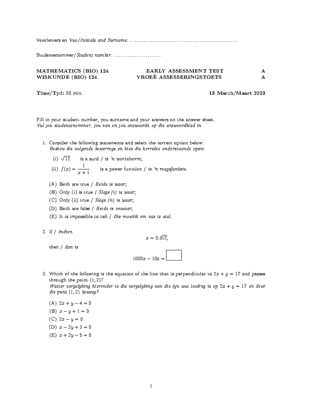 EA 124 Early Assessment Test A - Mathematics (Bio) Exam 2023 - Studocu