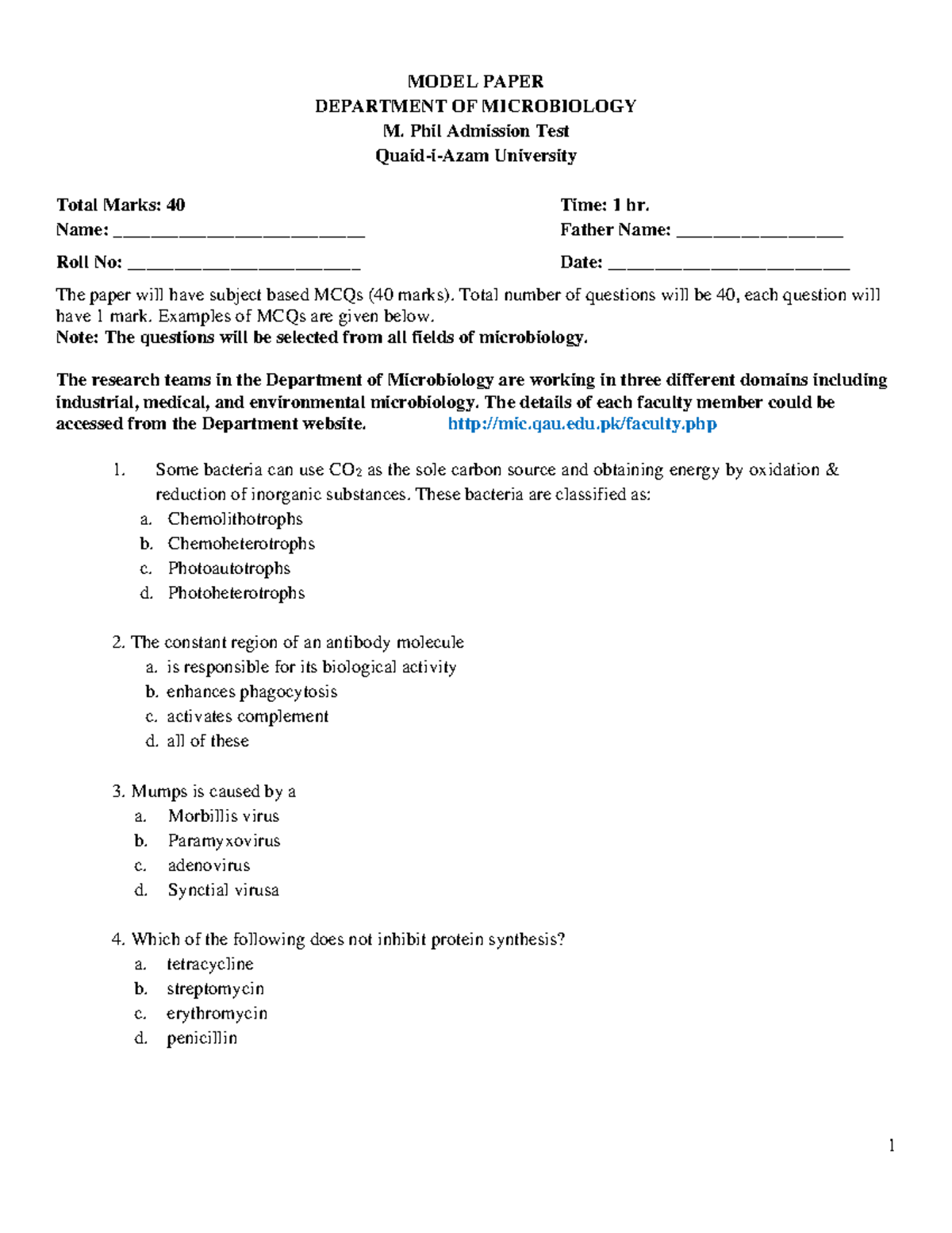 M. Phil Admission Test Model Paper - Microbiology MCQs - Studocu