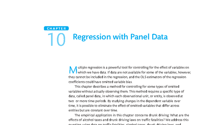 CHAPTER 10 Regression with Panel Data: Analyzing Alcohol Taxes and Traffic - Studocu