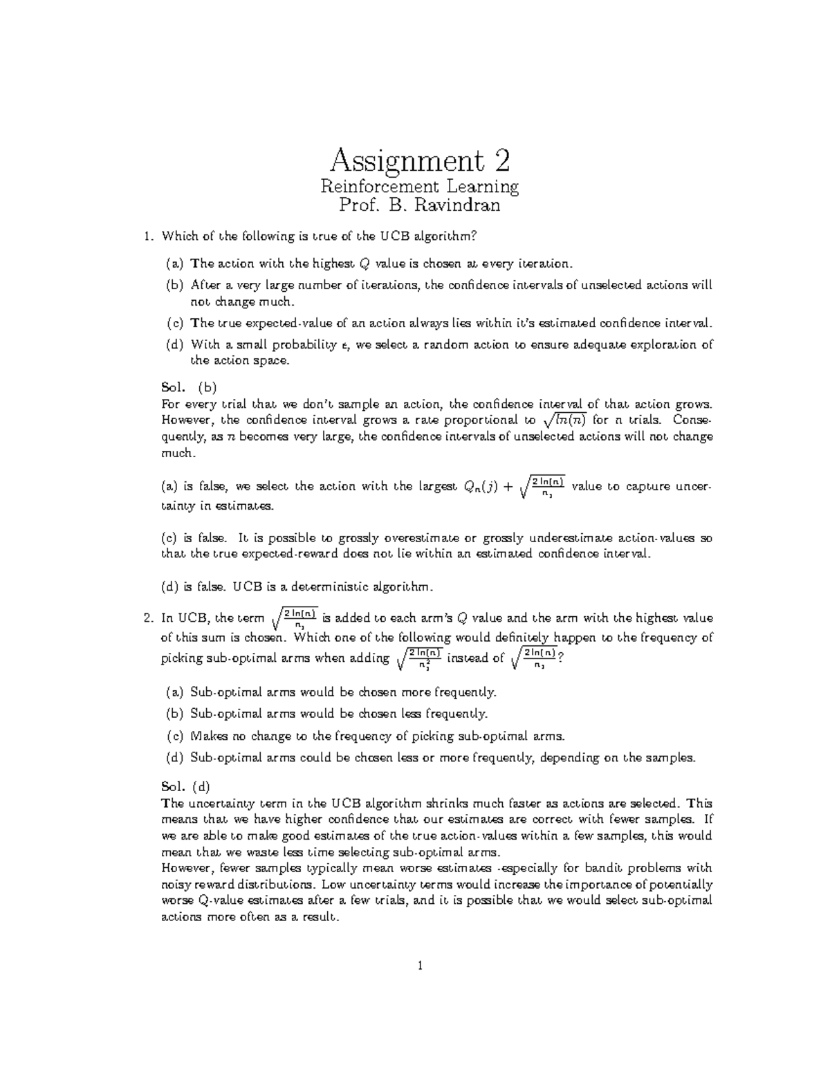 A2 Solution Of Assignmment 2 Assignment 2 Reinforcement Learning Prof B Ravindran Which Of