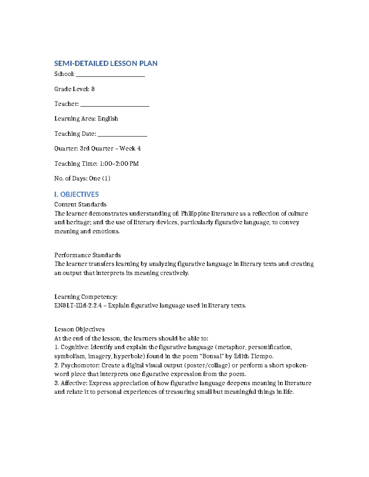 English 8 Lesson Plan: Exploring Figurative Language in Poetry - Studocu