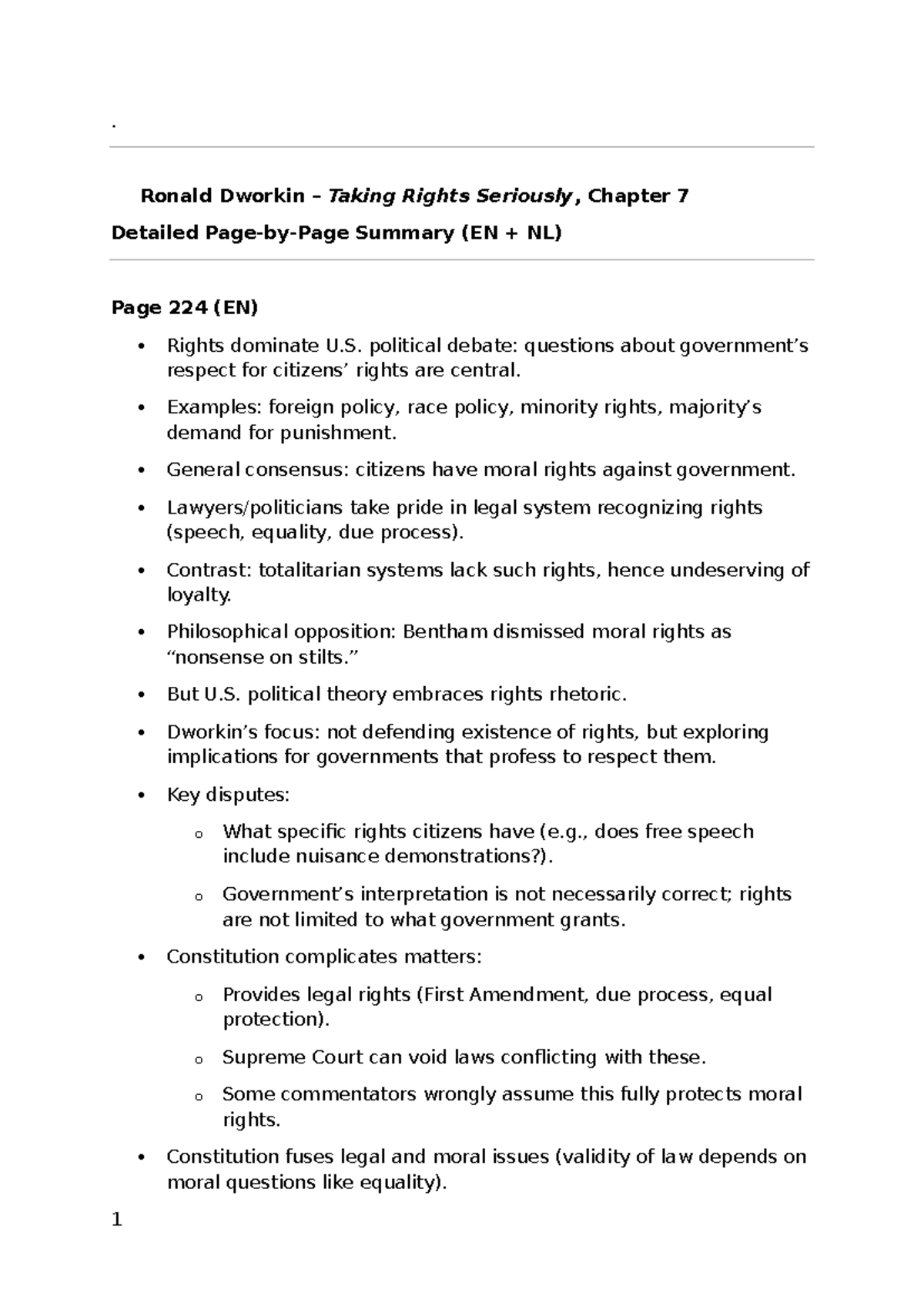 Ronald Dworkin – Taking Rights Seriously, Chapter 7 Summary (EN + NL ...