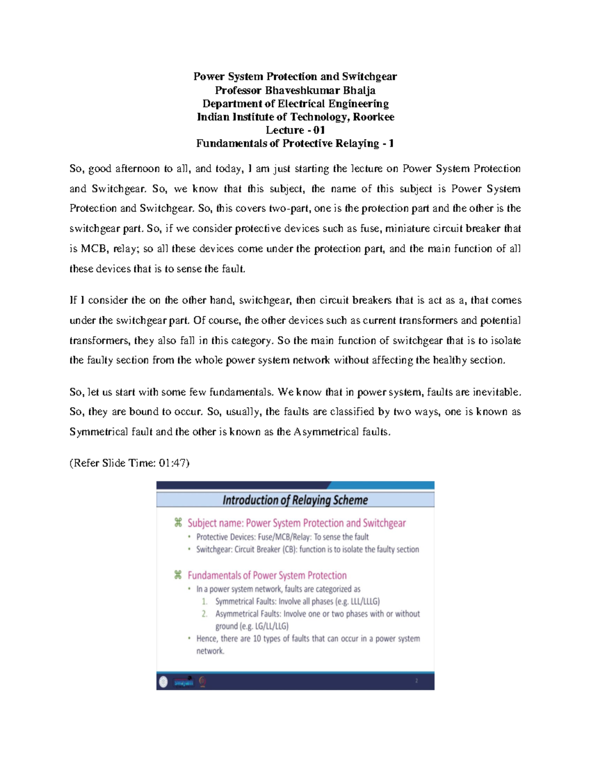 Lecture 1: Fundamentals of Power System Protection and Switchgear ...