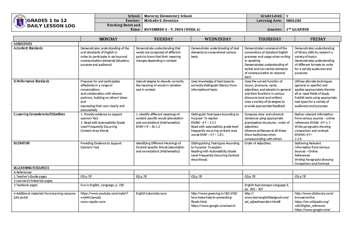 DLL English 5 Q2 W6 - Daily log - GRADES 1 to 12 DAILY LESSON LOG ...