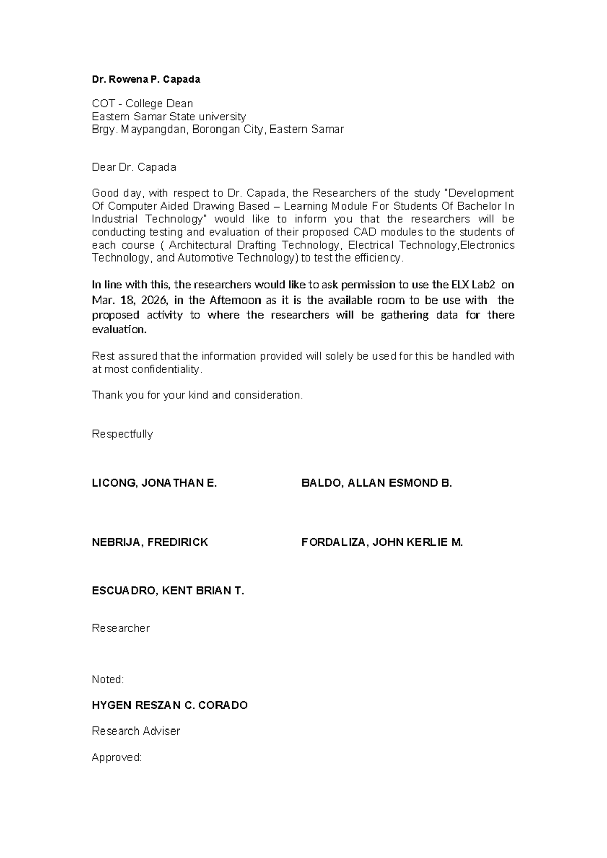 Request Letter for CAD Module Testing - COT Program - Studocu