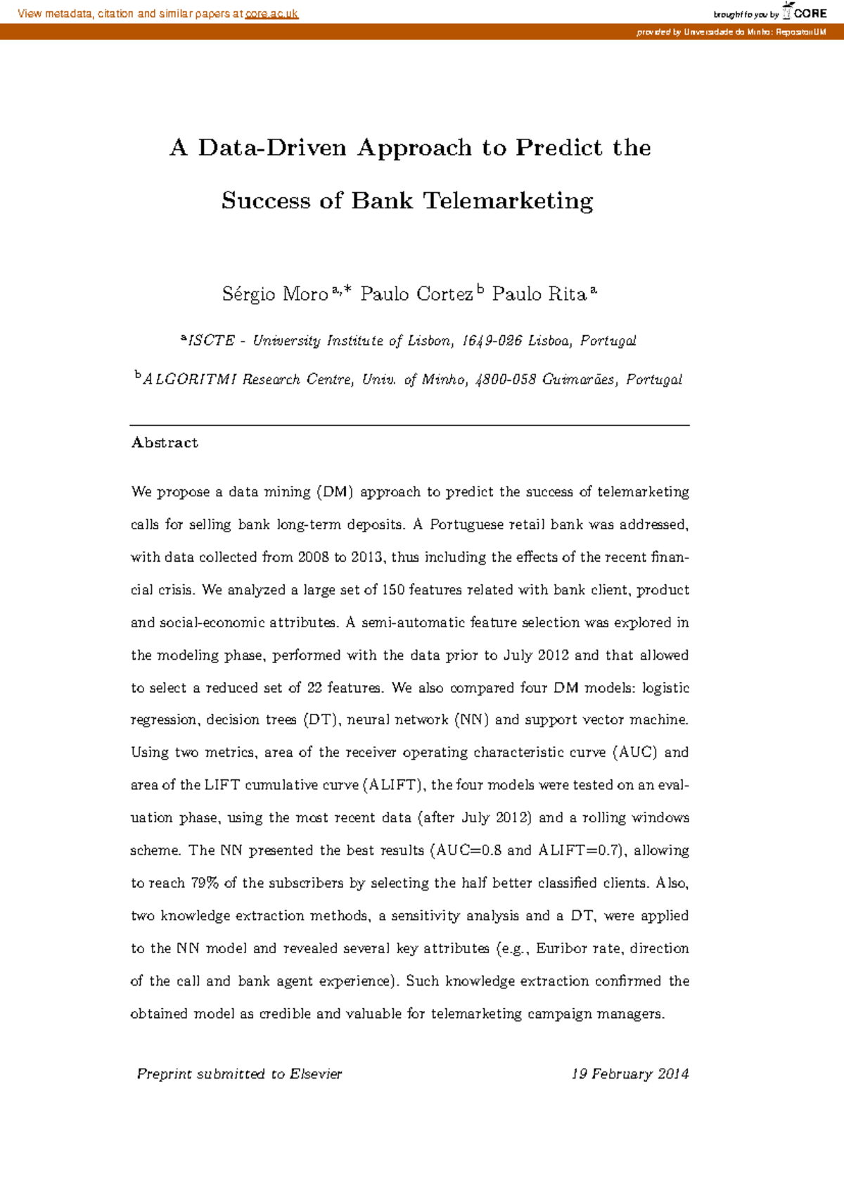 A Data-Driven Approach to Predict Bank Telemarketing Success (ISCTE ...