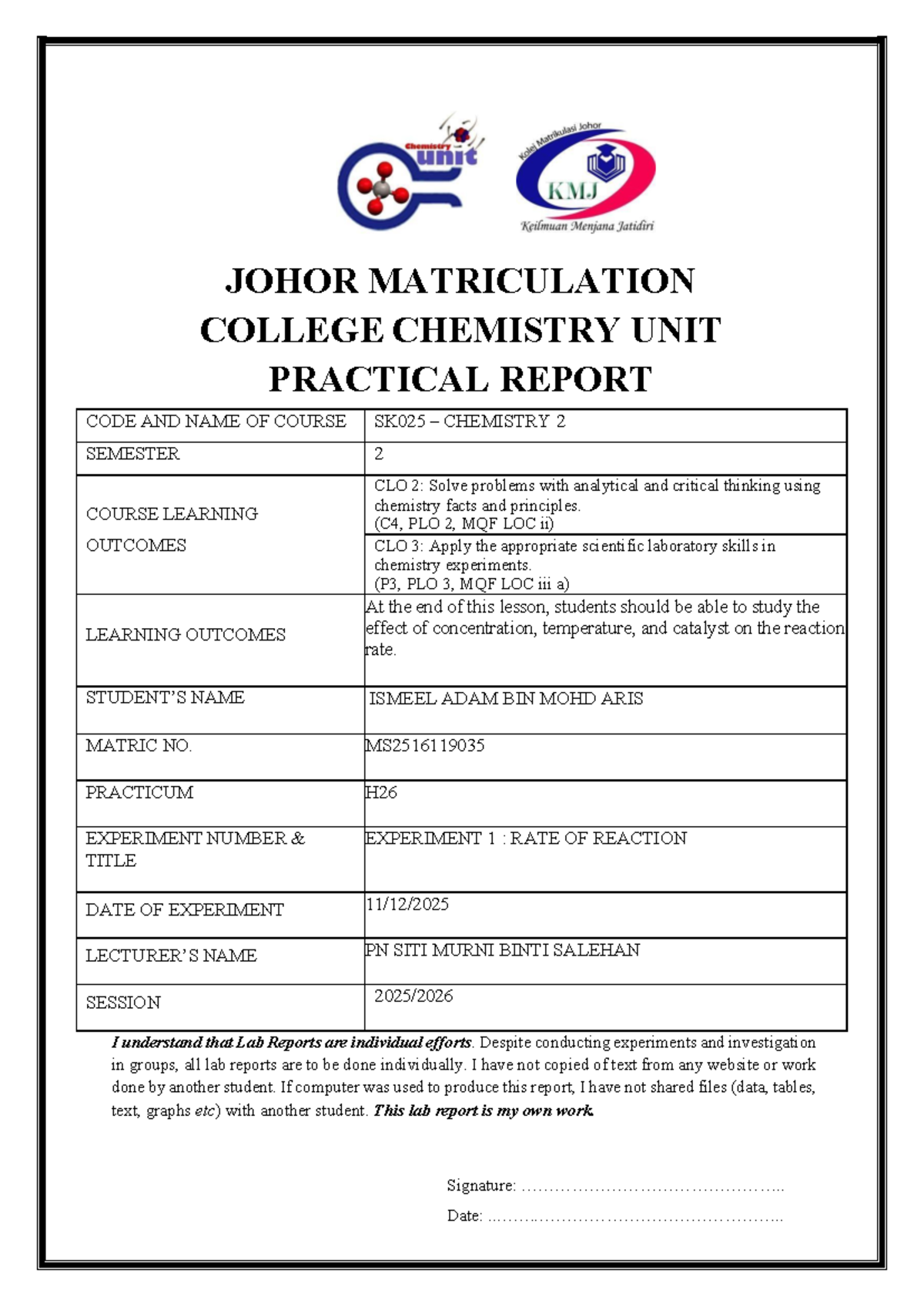 SK025 Chemistry 2 Semester 2: Experiment 1 - Rate of Reaction Lab ...