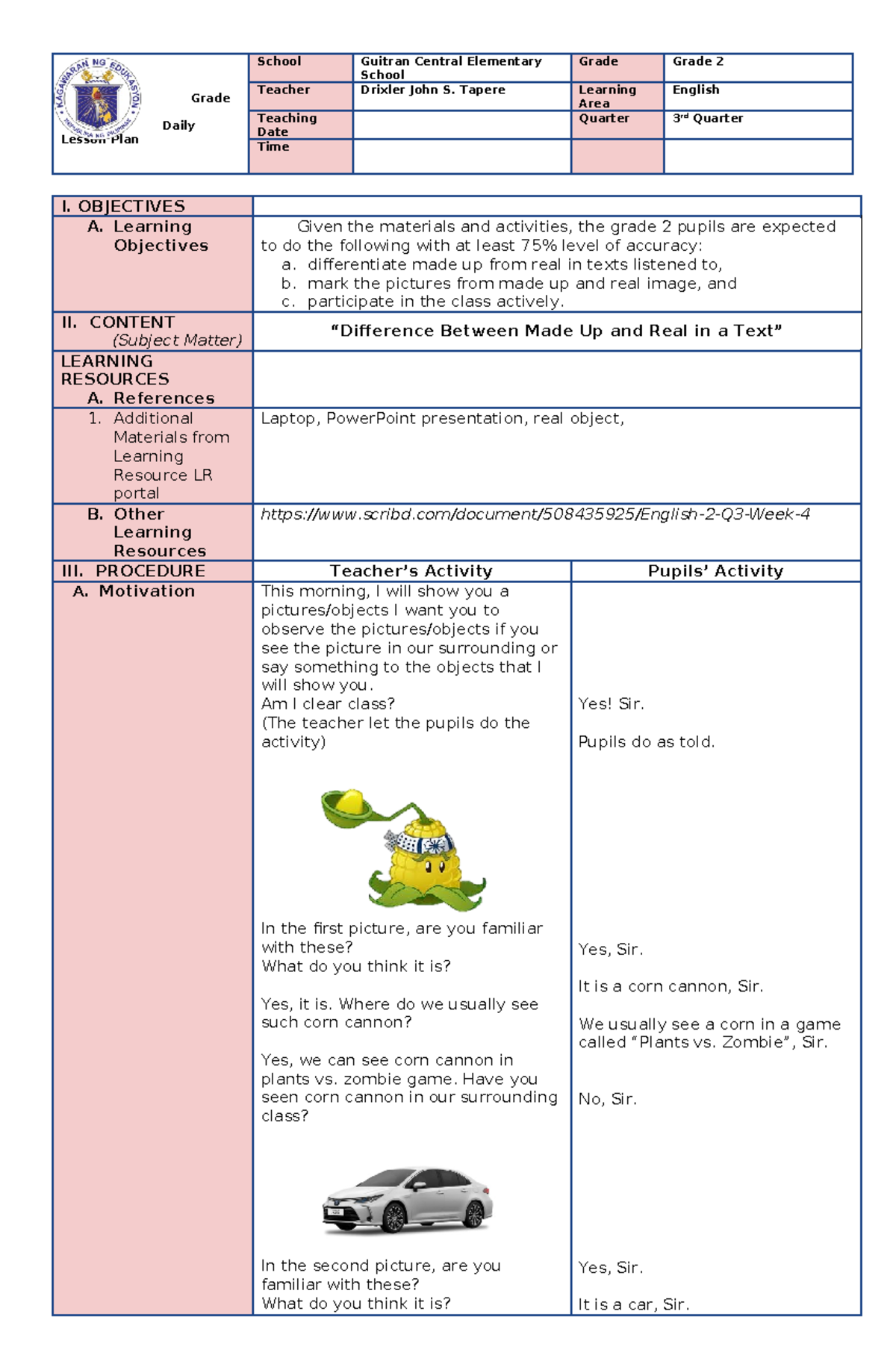 English drix - done - Grade 2 Daily Lesson Plan School Guitran Central ...