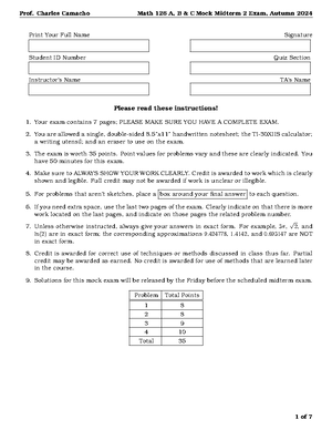 126 Exam 1 Sp 23 - old practice exam - Spring 2023 Su MATH 126 Midterm Exam 1 Tuesday April 25 ...
