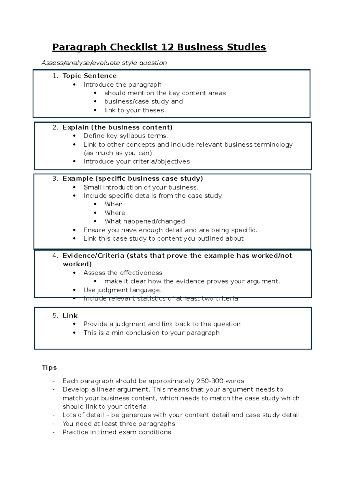 Case Study Paragraph Checklist for Business Studies (BS101) - Studocu