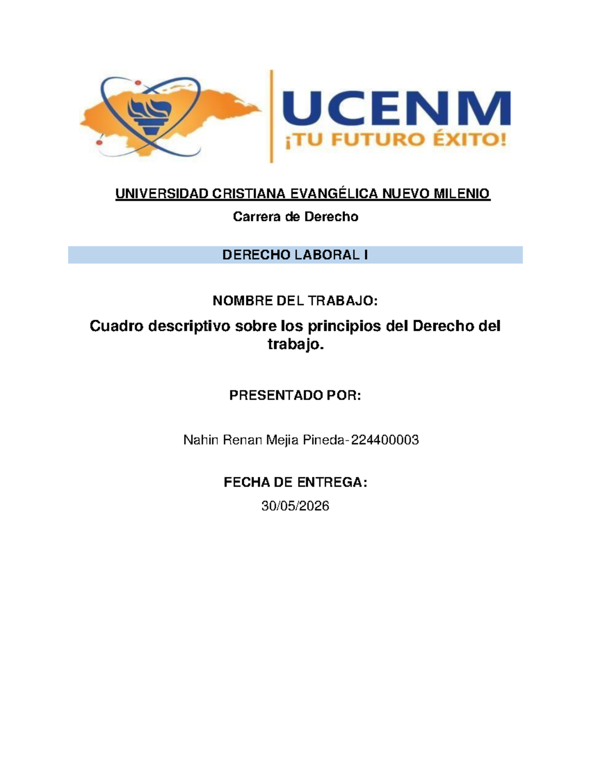 Cuadro Descriptivo de los Principios del Derecho Laboral I - DER 101 ...