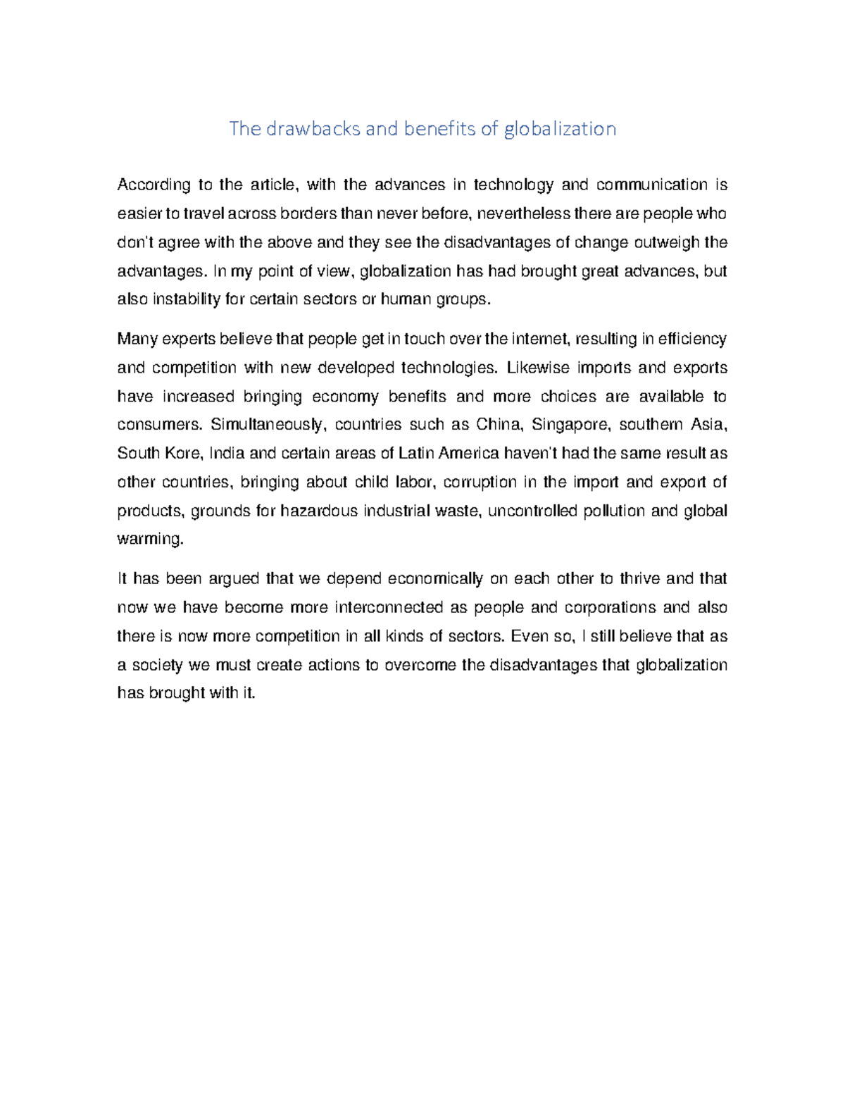 Globalization Writing - The drawbacks and benefits of globalization ...