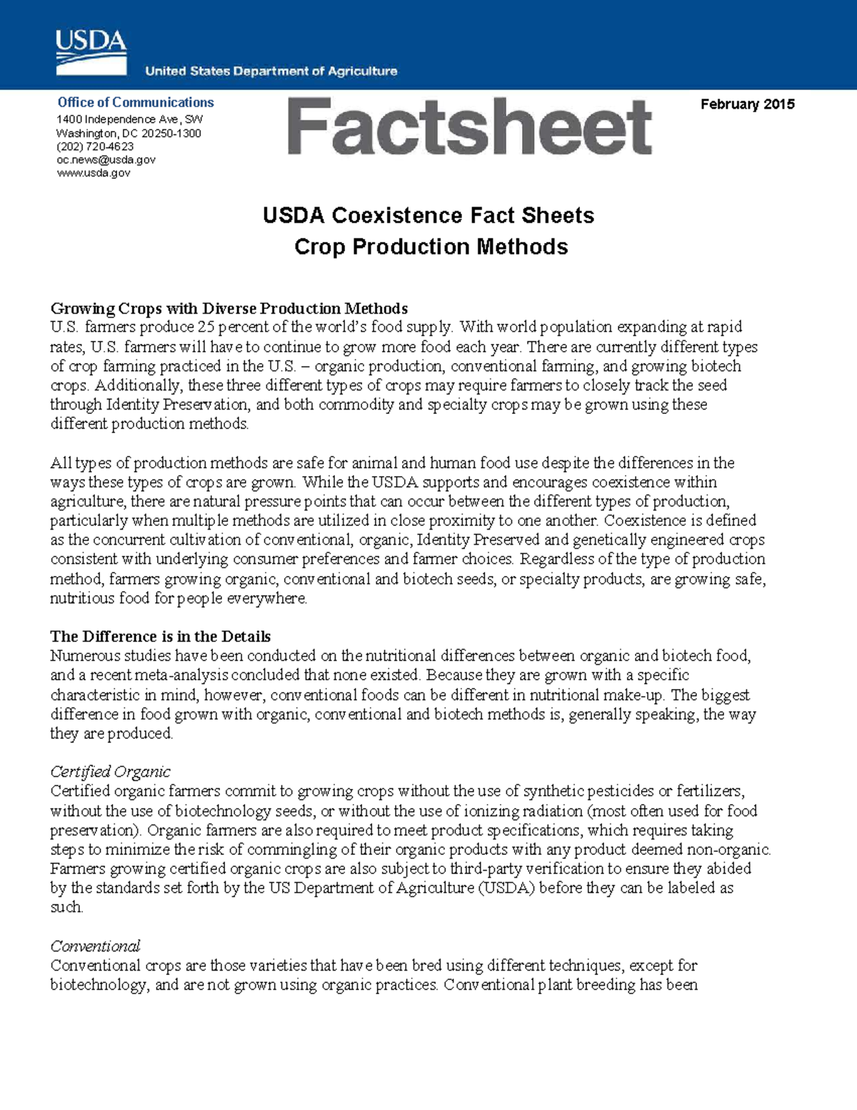 USDA Coexistence Fact Sheet: Crop Production Methods Overview - Studocu