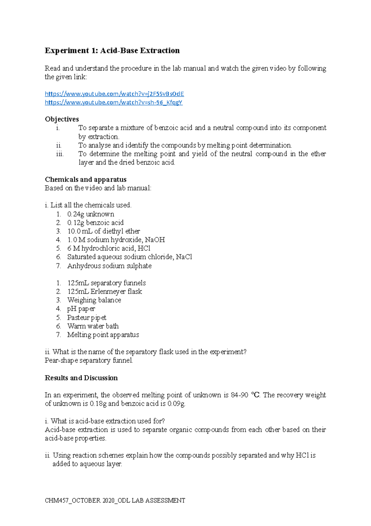 CHM457 - Experiment 1 - Experiment 1: Acid-Base Extraction Read and ...