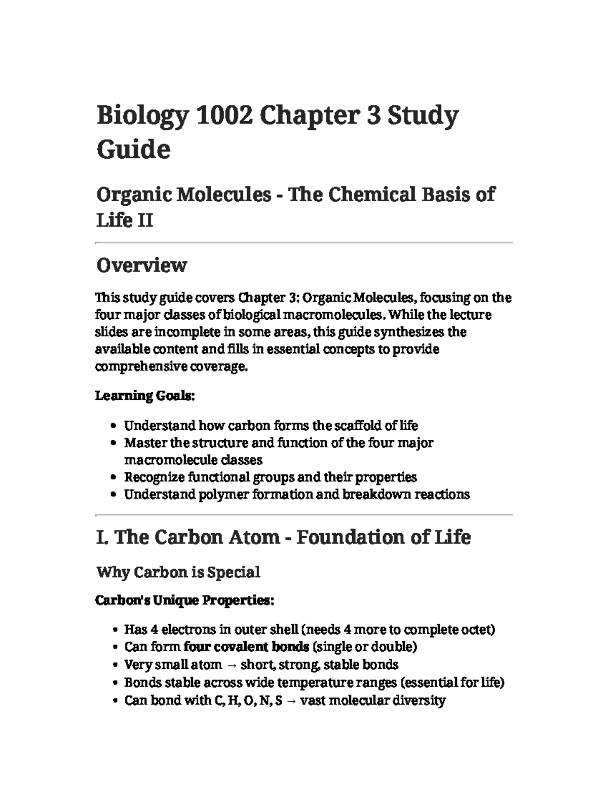 Biology 1002 Chapter 3 Study Guide: Organic Molecules & Life's ...