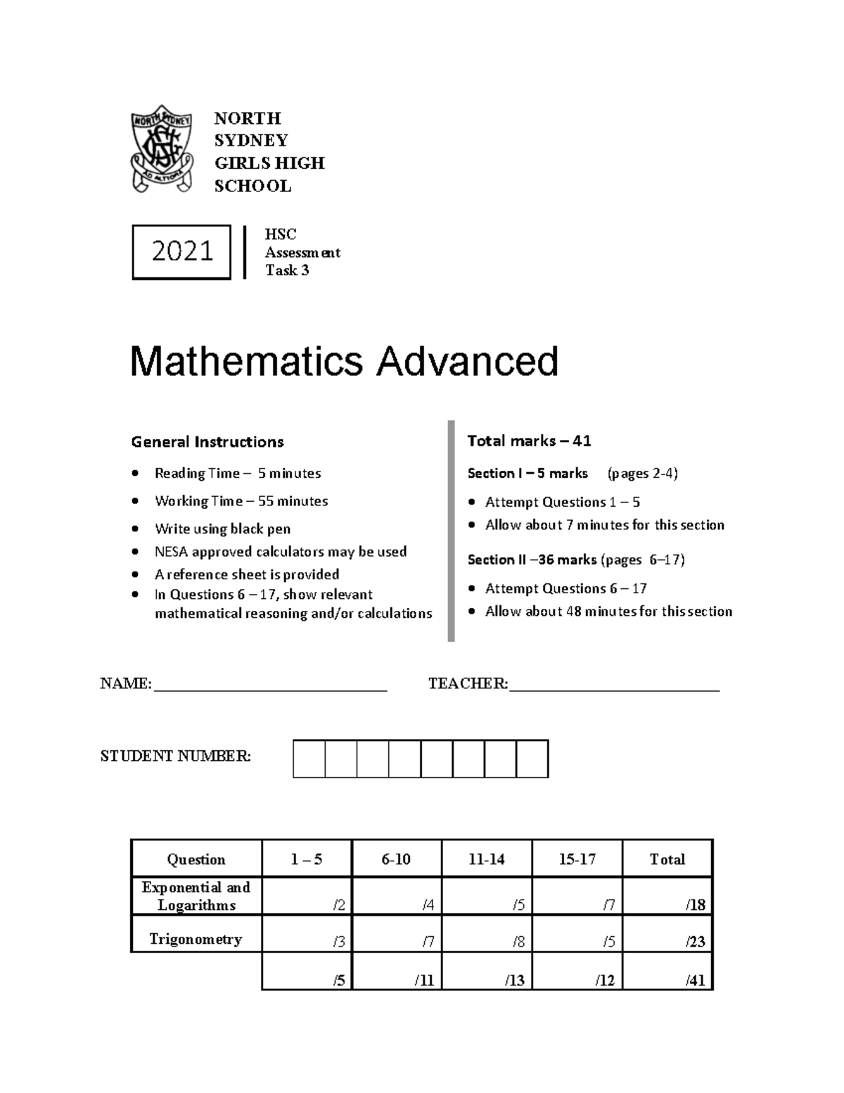 HSC 2021 Assessment Task 3 - Mathematics Advanced Exam - Studocu