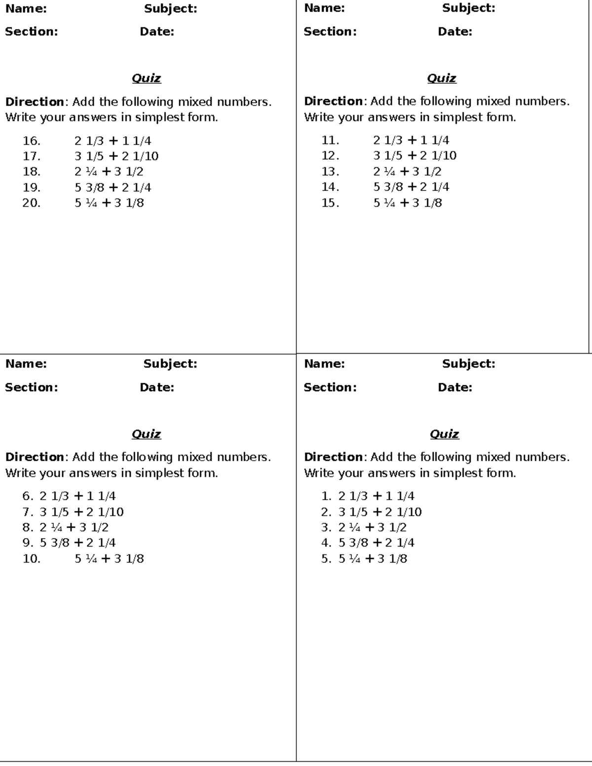 Math Quiz: Adding Mixed Numbers - Simplest Form - Studocu