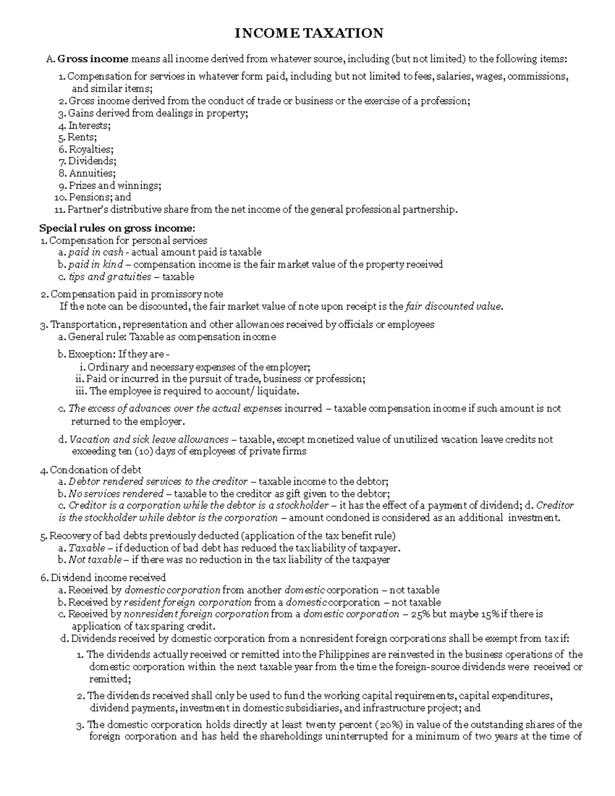 Income Taxation Notes for Review and Study (Course Code: TAX101) - Studocu