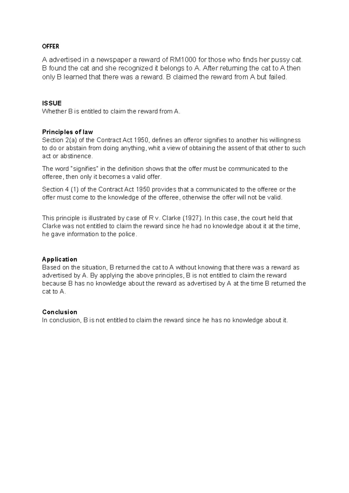 Contract Law Case Study: Reward Claim Entitlement (OFFER A) - Studocu