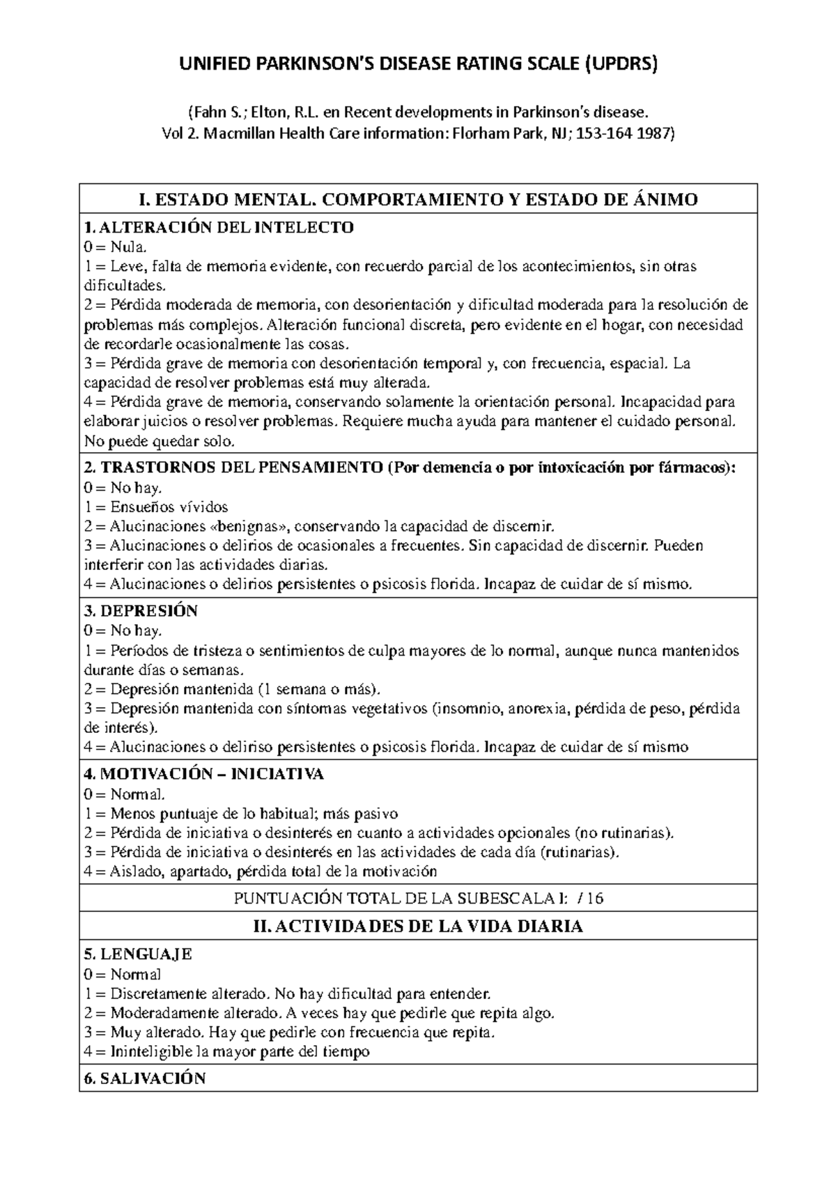 Escala Parkinson Updrs - UNIFIED PARKINSON'S DISEASE RATING SCALE ...