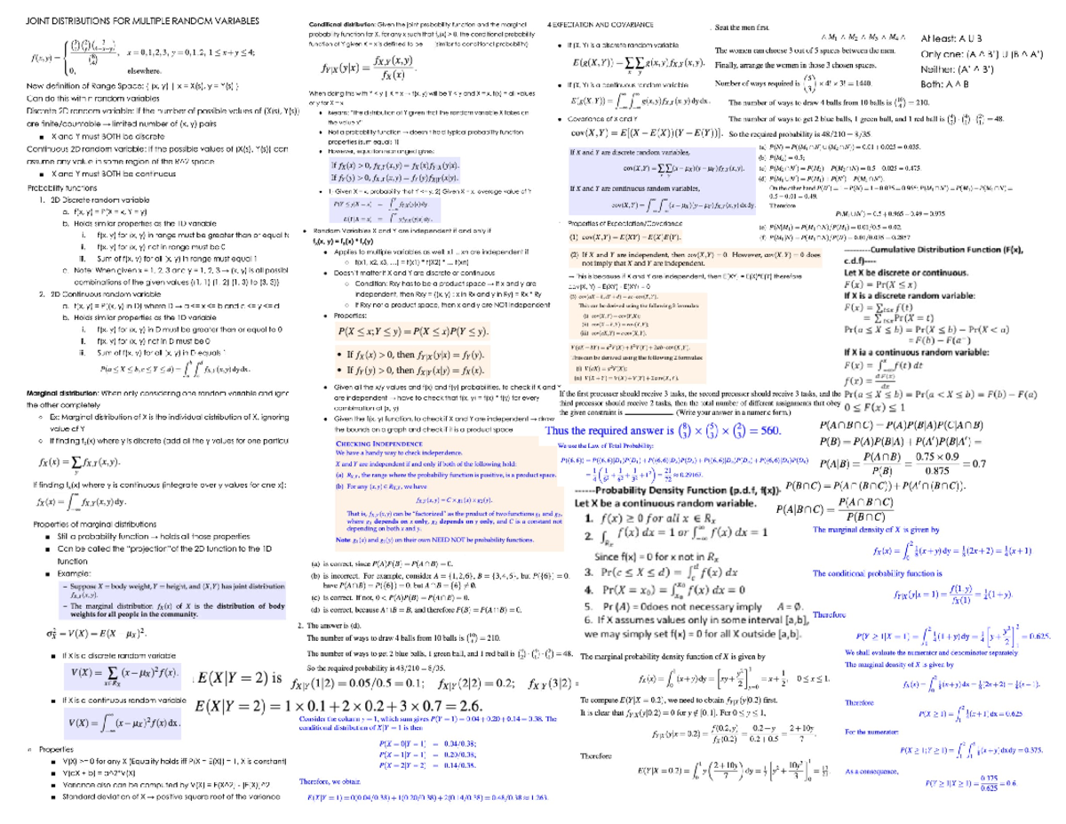 St2334-midterm-cheatsheet - JOINT DISTRIBUTIONS FOR MULTIPLE RANDOM VARIABLES Conditional - Studocu