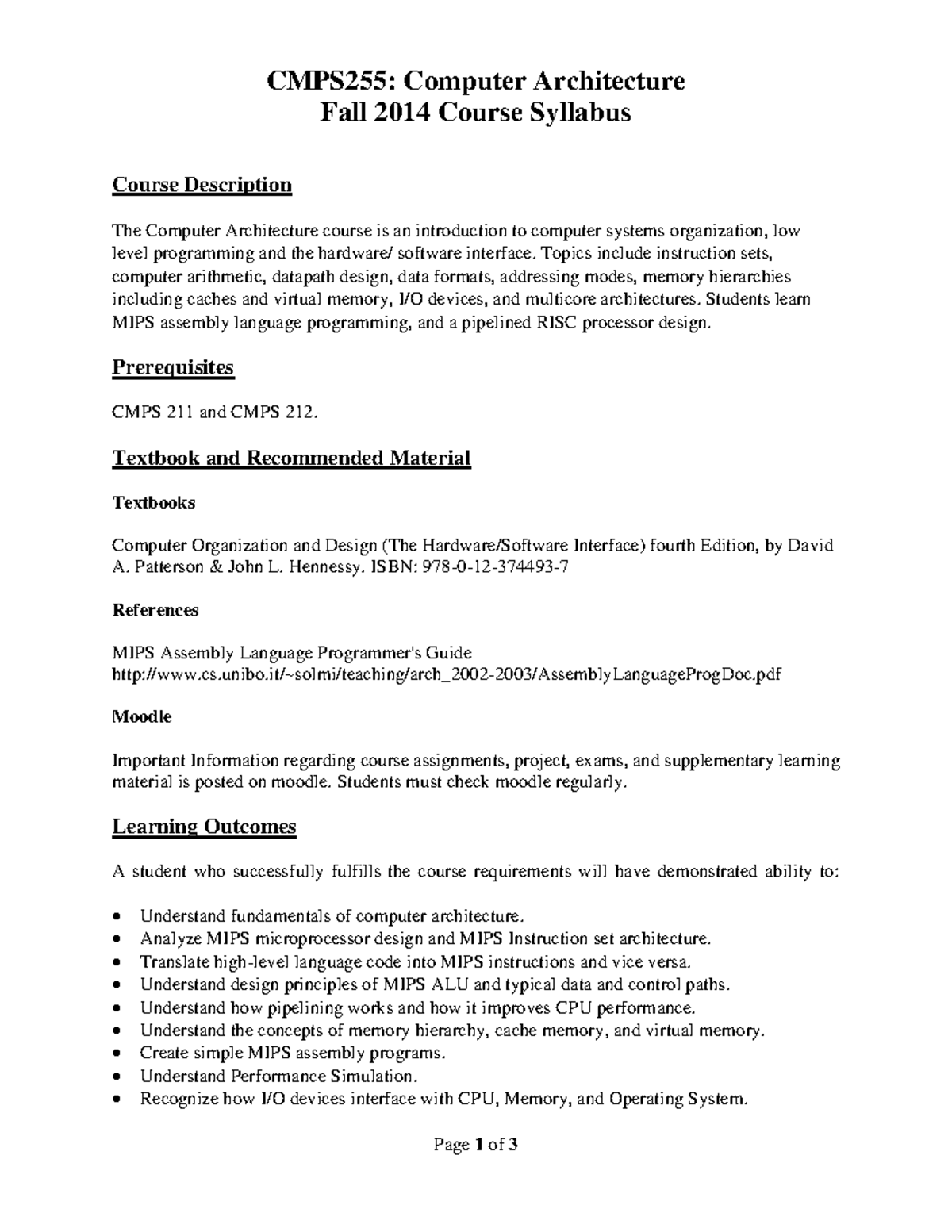 CMPS255 Computer Architecture Course Syllabus - Fall 2014 - Studocu