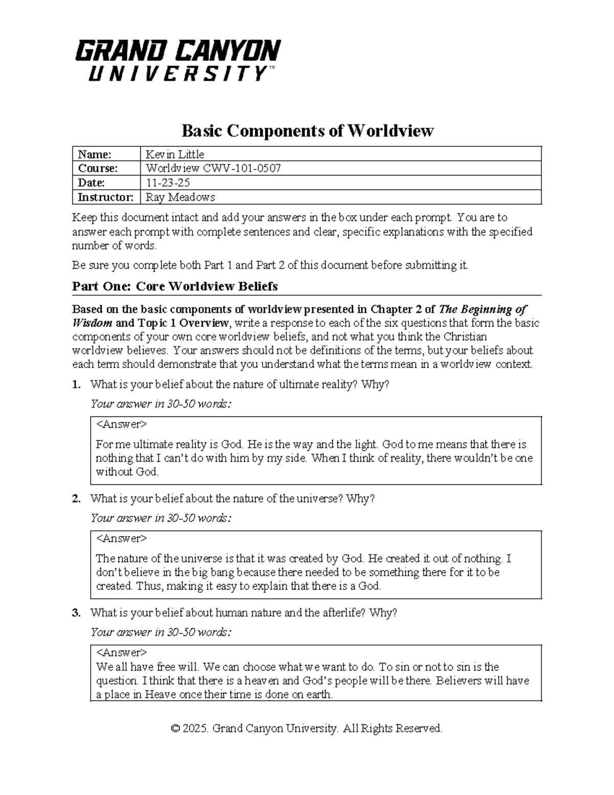 CWV 101: Basic Components of Worldview - Personal Reflection and ...