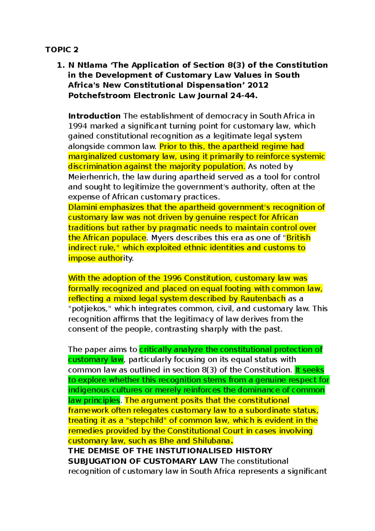 Topic 2 - Understanding the Recognition of Customary Law Values in SA ...