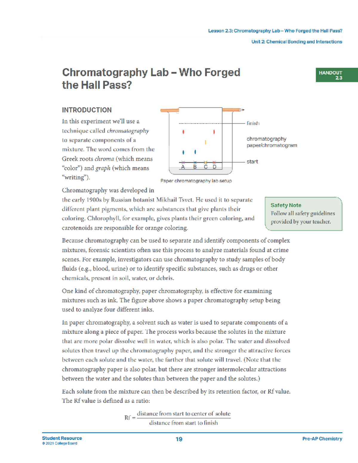 Pre-AP Chem - Unit 2: Chromatography Lab & Hall Pass Activity - Studocu