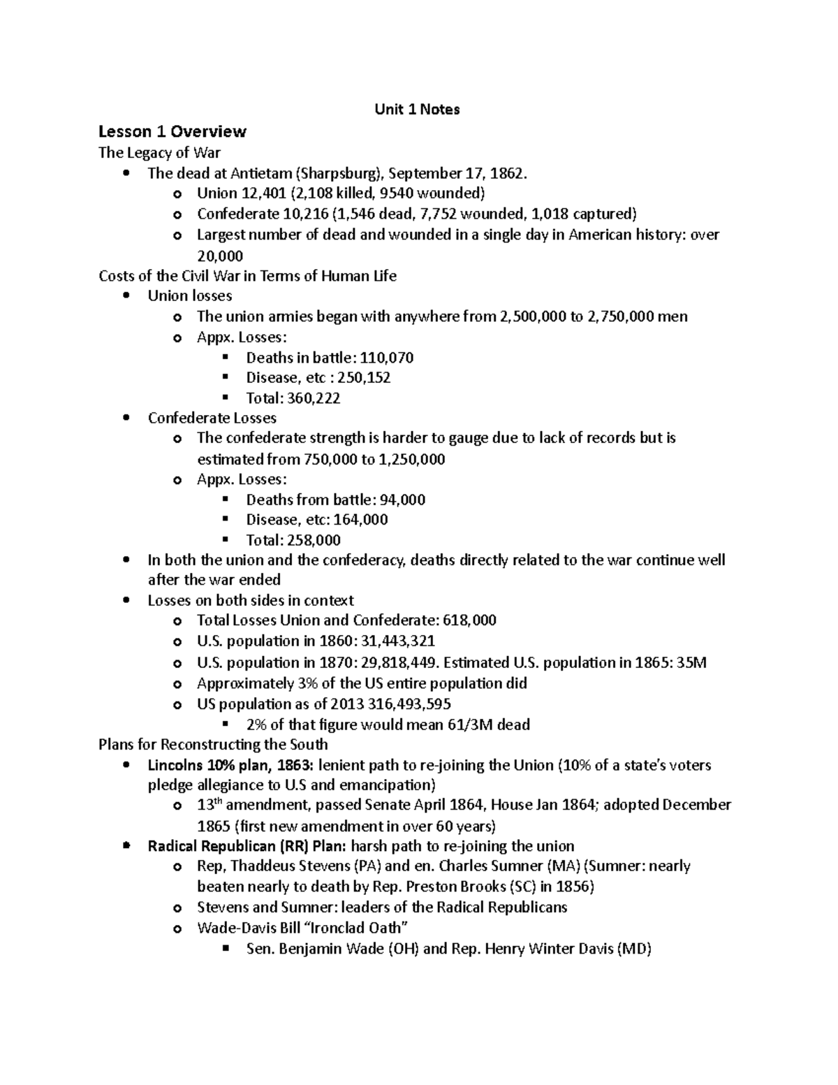 Unit 1 Lessons on Civil War Impact & Industrial America Notes - Studocu