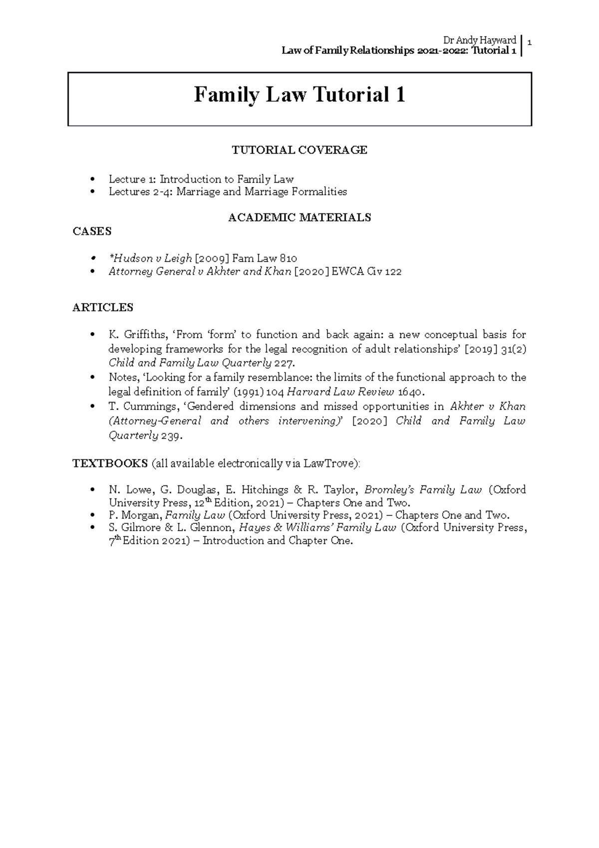 Family Law Tutorial 1: Concept of Family and Case Analysis (2021-2022 ...