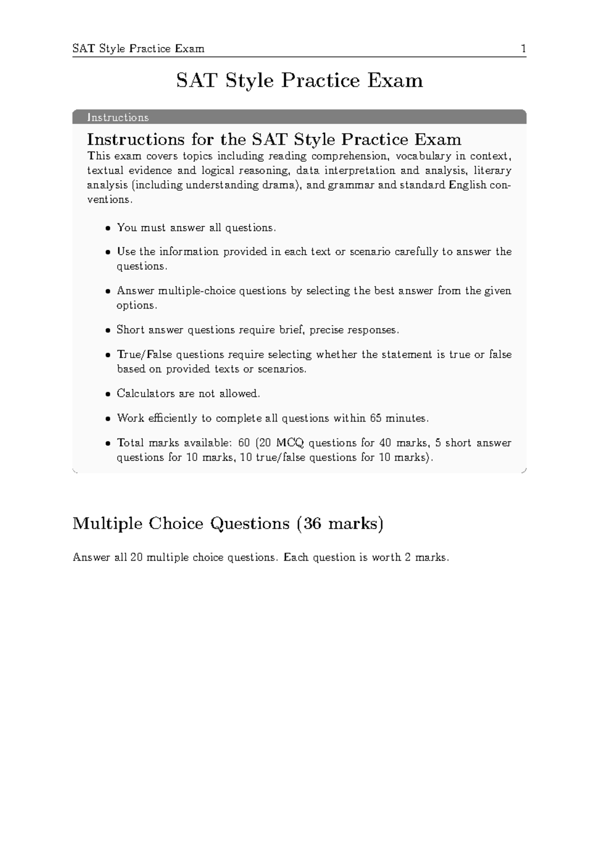 Digital SAT May 2024 (A) - SAT Style Practice Exam Instructions ...