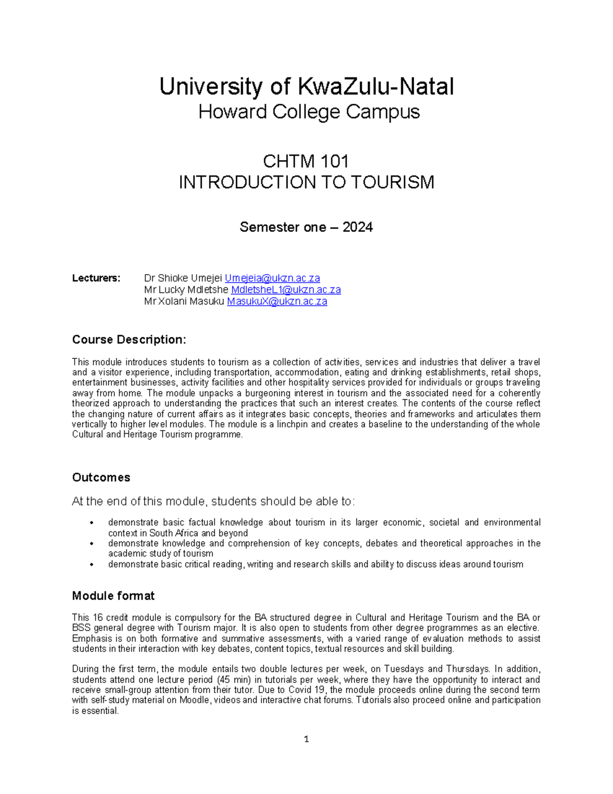 CHTM101 2024 Course Outline: Introduction to Tourism Overview - Studocu