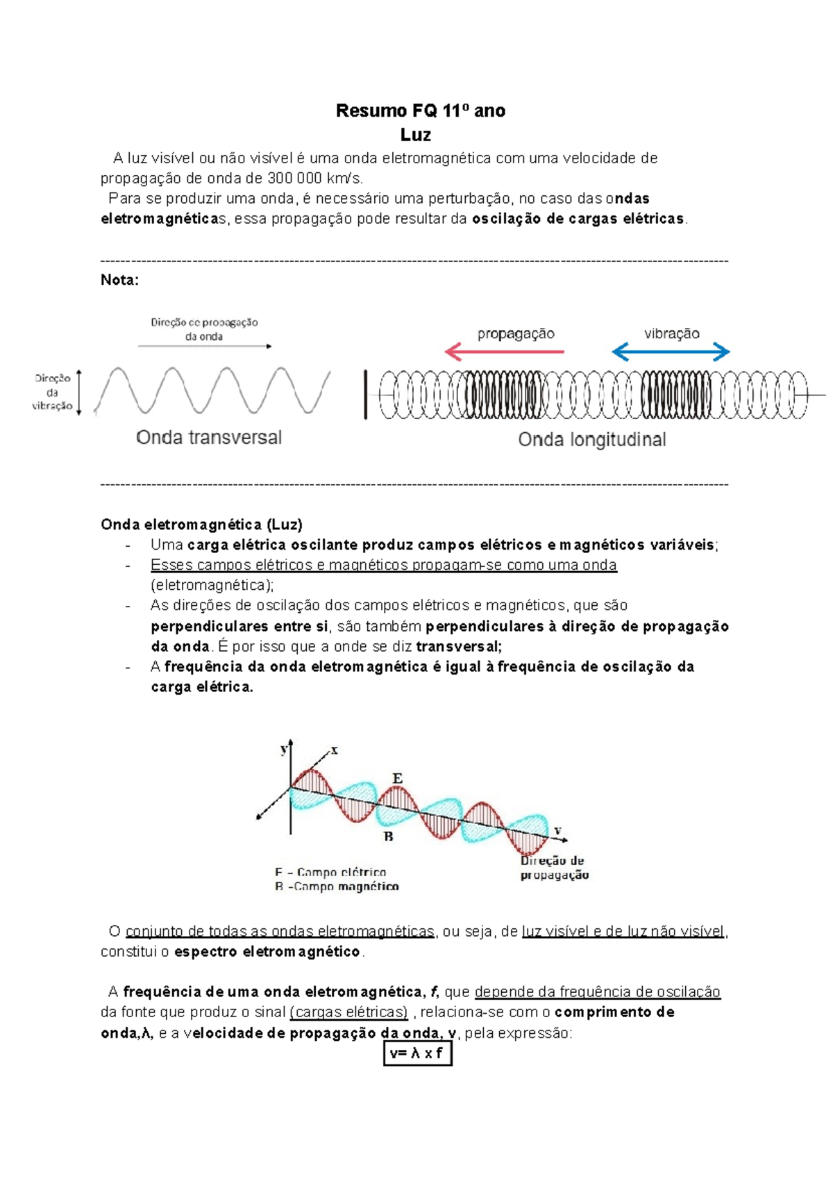 FQ - Resumo sobre Luz para 11º Ano: Ondas Eletromagnéticas e Refração ...