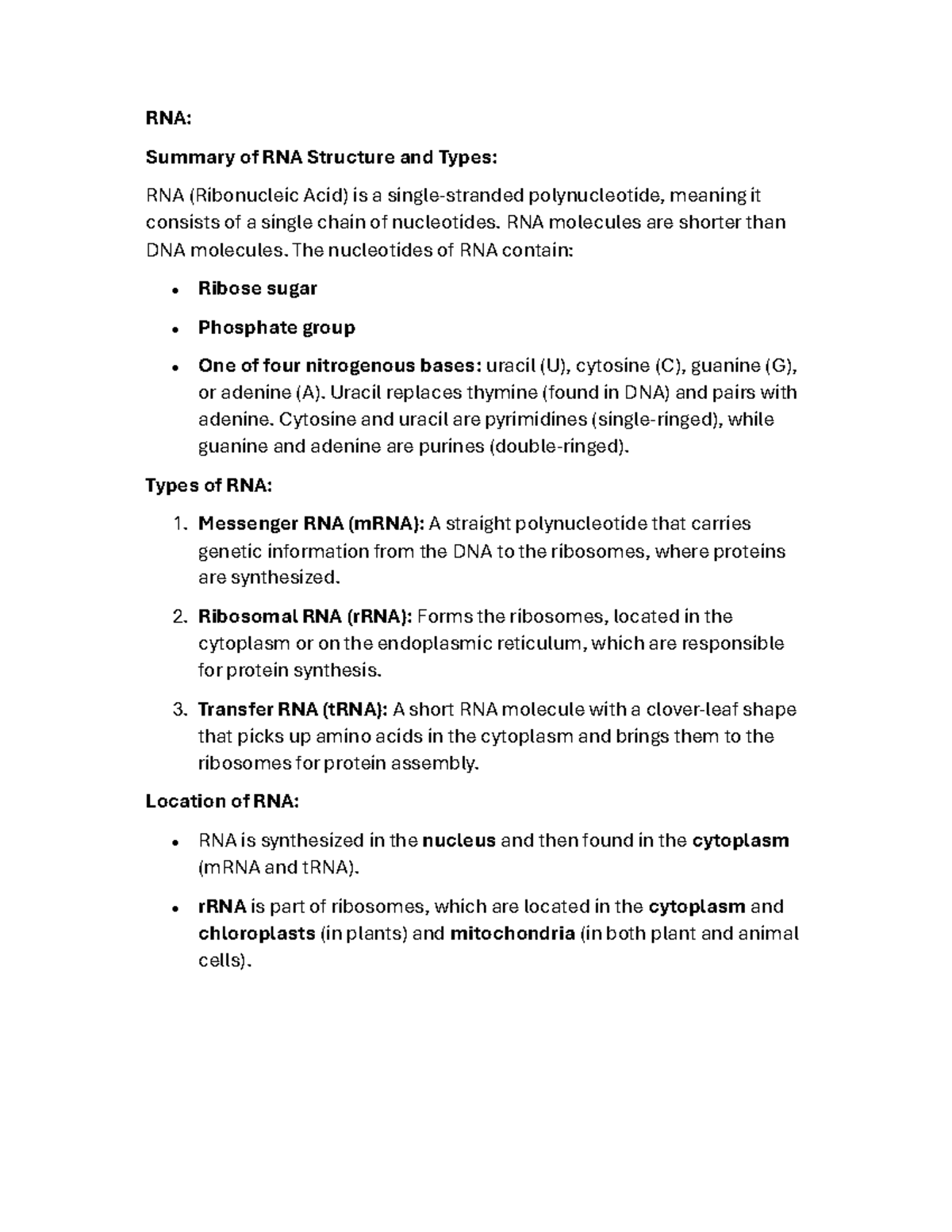 RNA (Ribonucleic Acid) Structure & Types: Summary Notes - Studocu