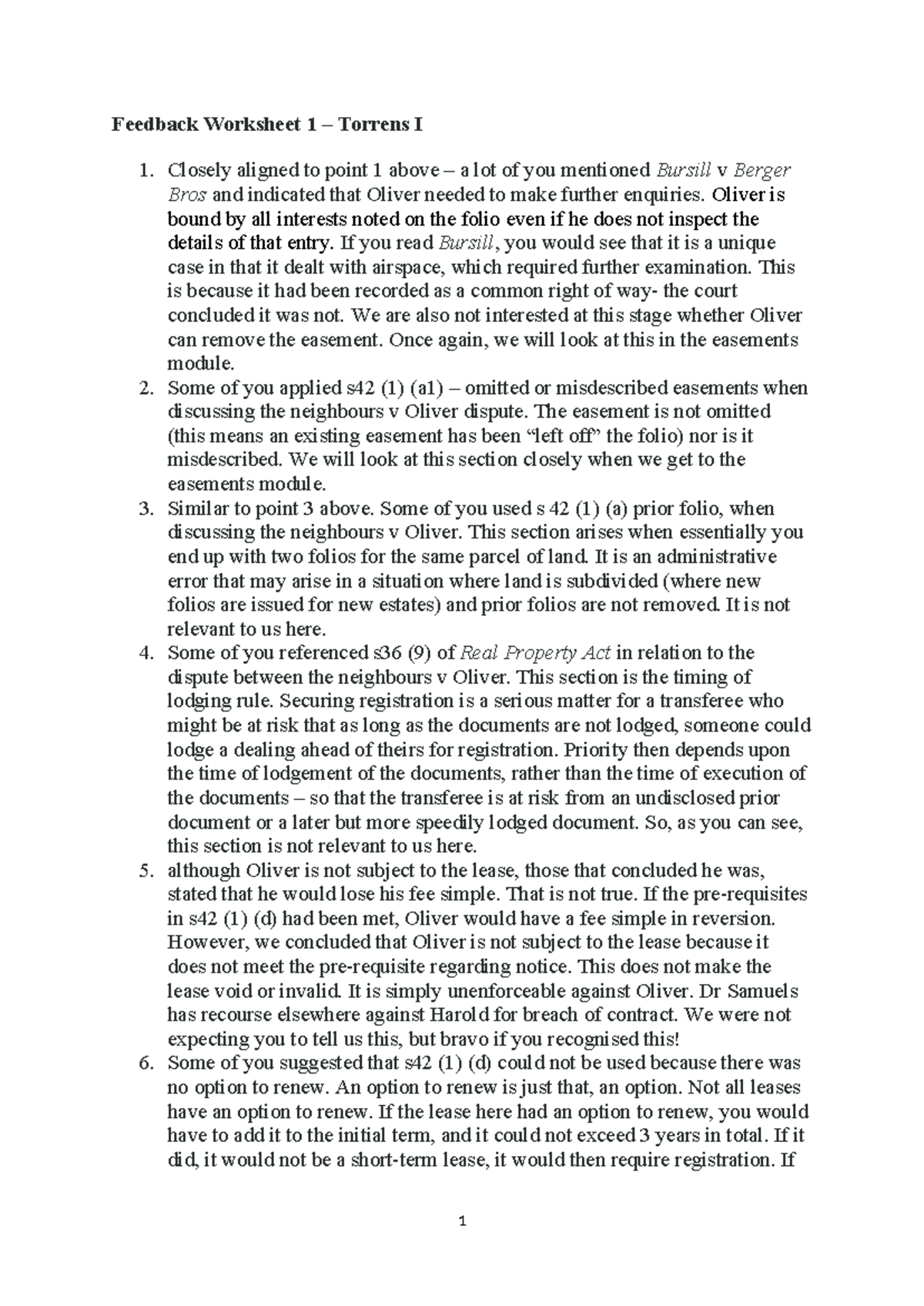 Feedback Worksheet – Property Law Analysis (Torrens I) - Studocu
