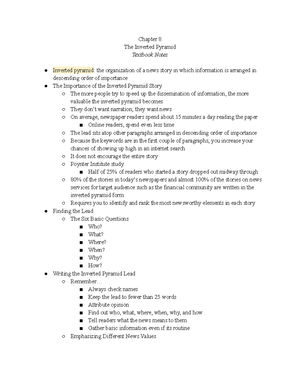 MC1313: Inverted Pyramid Writing Techniques - Chapter 8 Notes - Studocu
