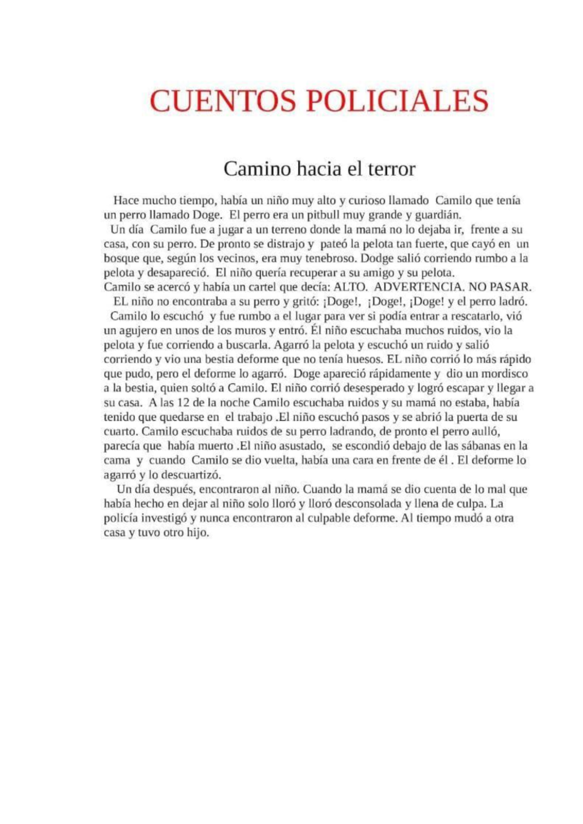 Cuento Policial: El Terrible Destino de Camilo y Doge - Studocu