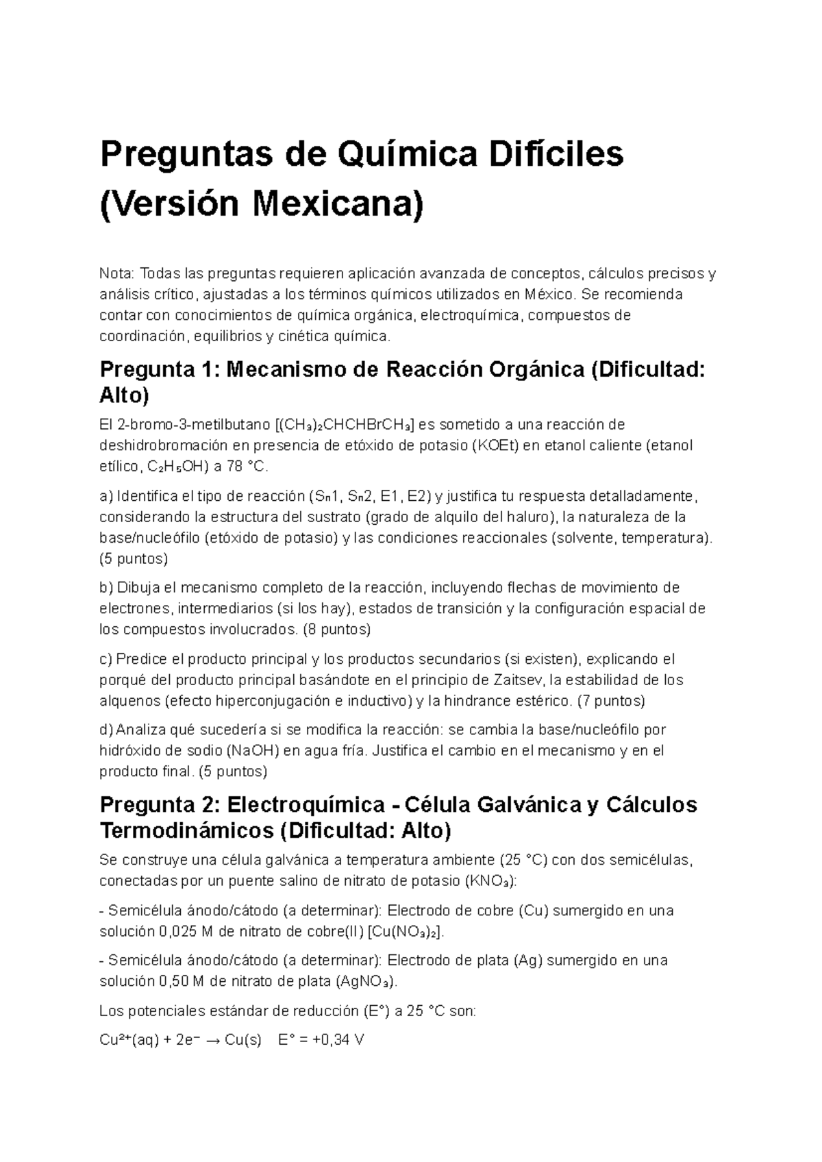 ES化学题1 - Preguntas Difíciles de Química (Versión Mexicana) - Studocu